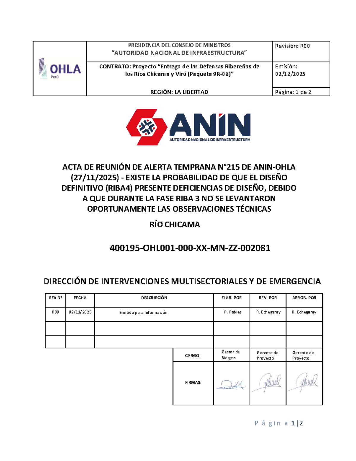Acta de Reunión de Alerta Temprana - Proyecto Chicama y Virú - Studocu