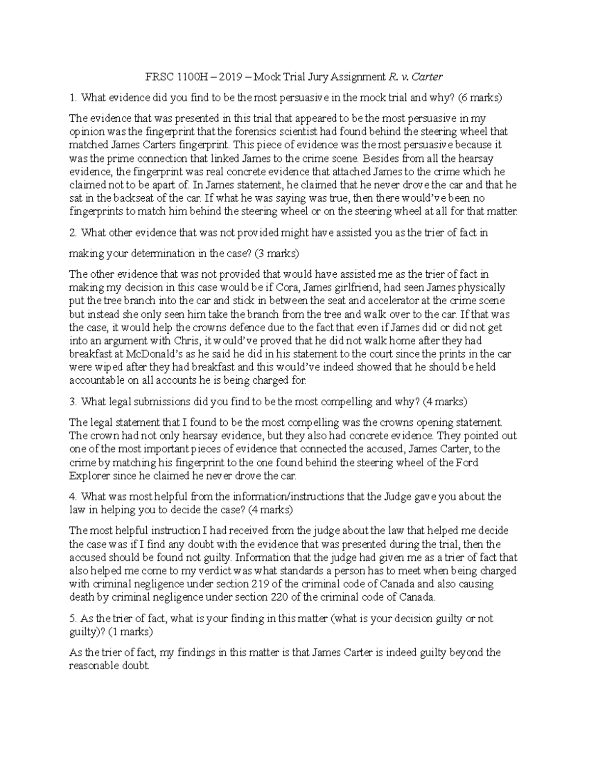 FRSC 1100H – 2019 – Mock Trial Jury Assignment: Verdict on R. v. Carter ...