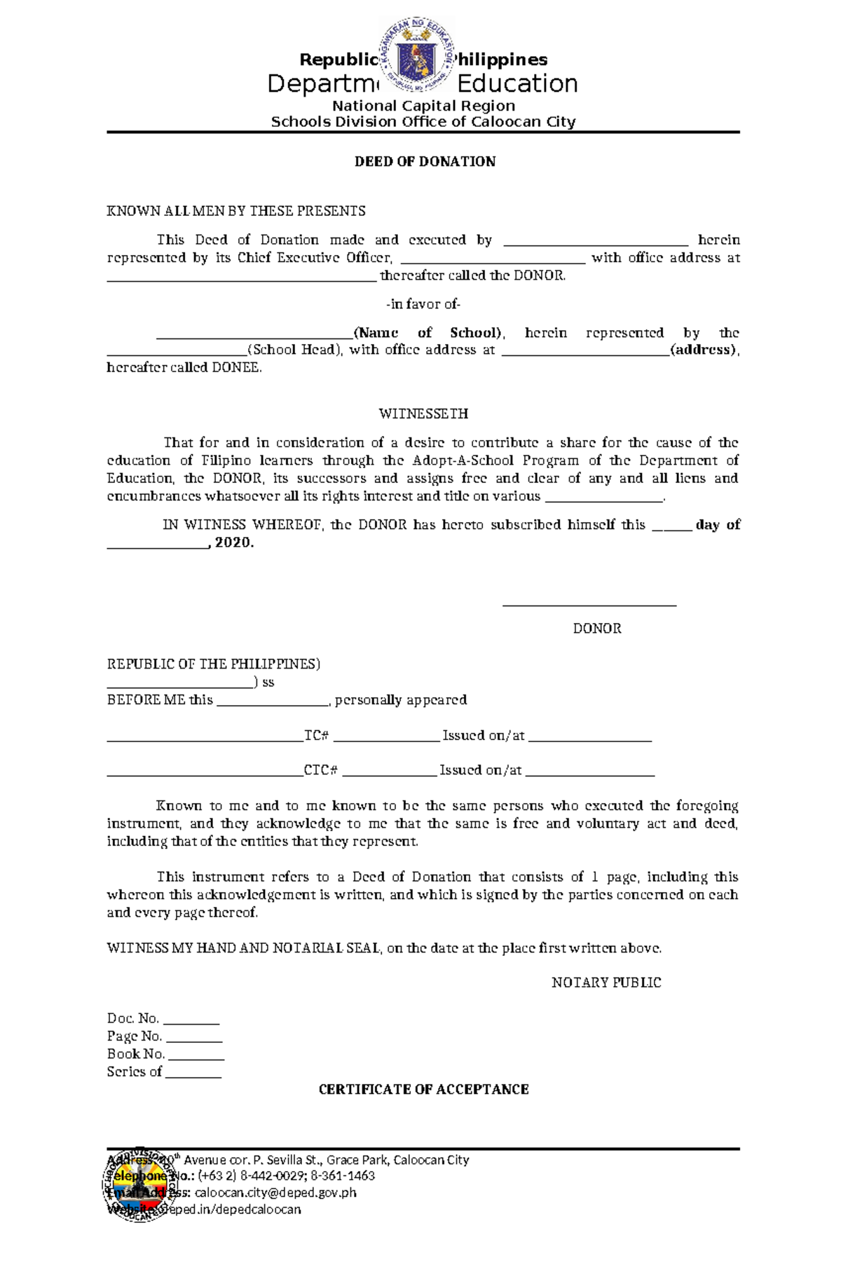 Deed of Donation and Acceptance for Adopt-A-School Program - Studocu