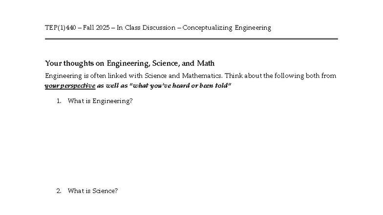 TEP(1)440 Fall 2025 In-Class Discussion: Conceptualizing Engineering ...