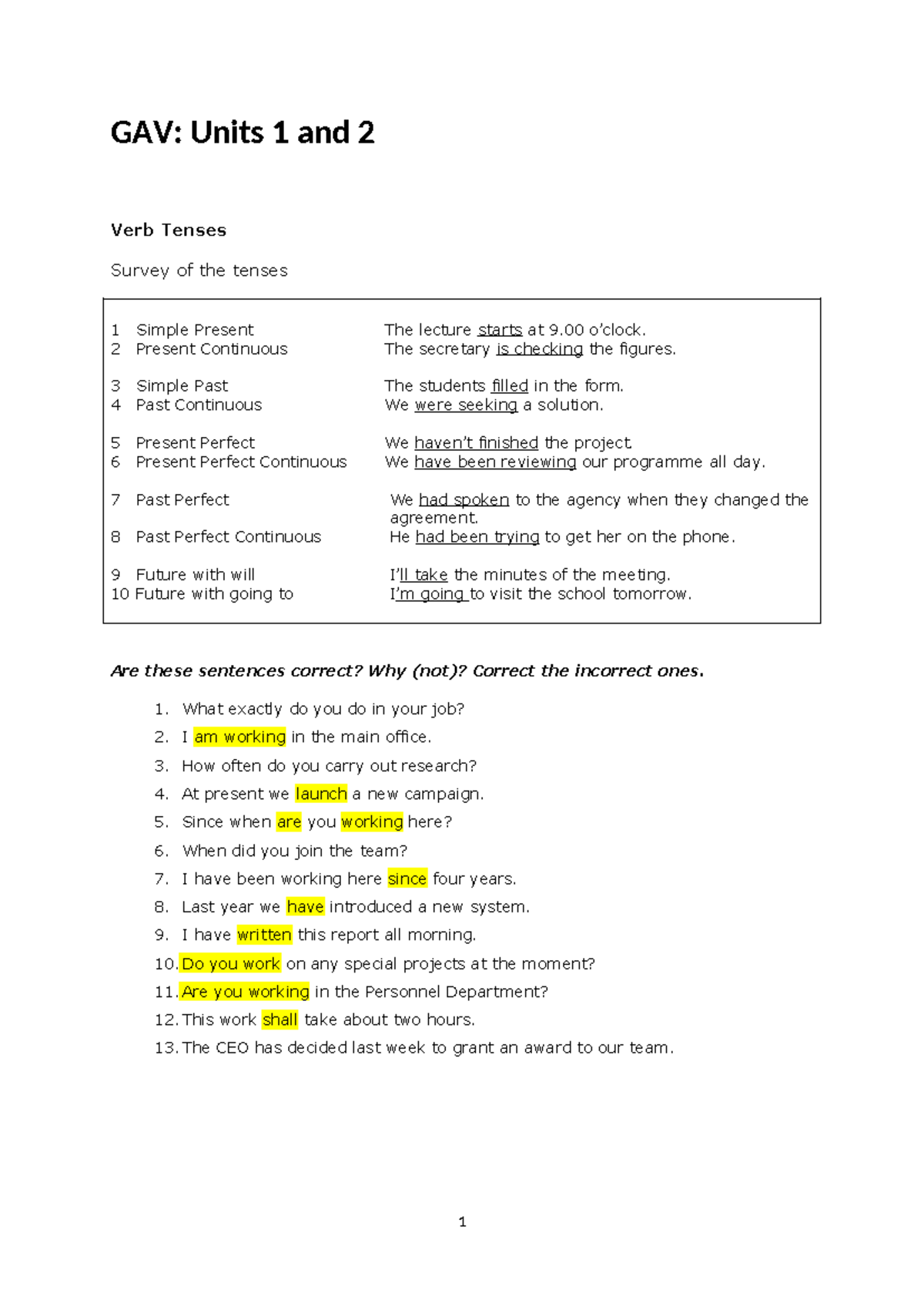 Business English GAV: Units 1 & 2 Verb Tenses Overview - Studocu
