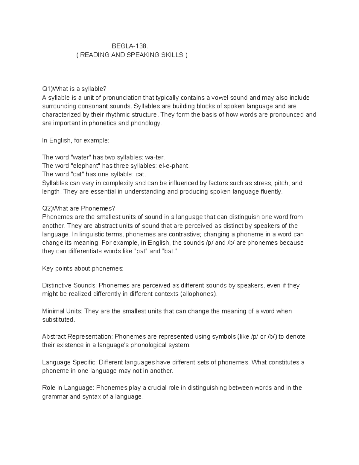 BEGLA-138 Important Questions: Reading & Speaking Skills – 3rd Year ...