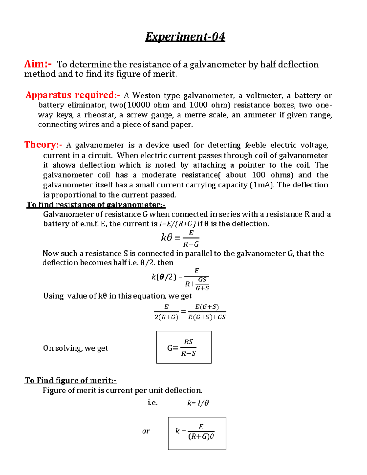 12th Physics Exp-4: Galvanometer Resistance & Figure of Merit - Studocu