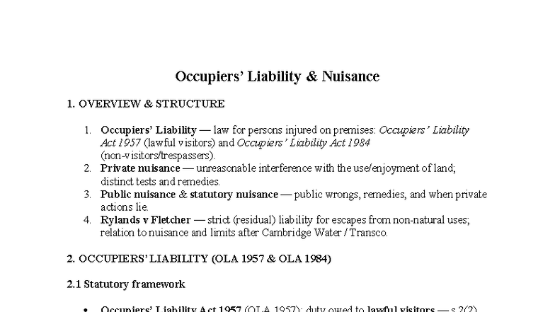 Occupiers Liability & Nuisance Overview (OLA 1957 & OLA 1984) - Studocu