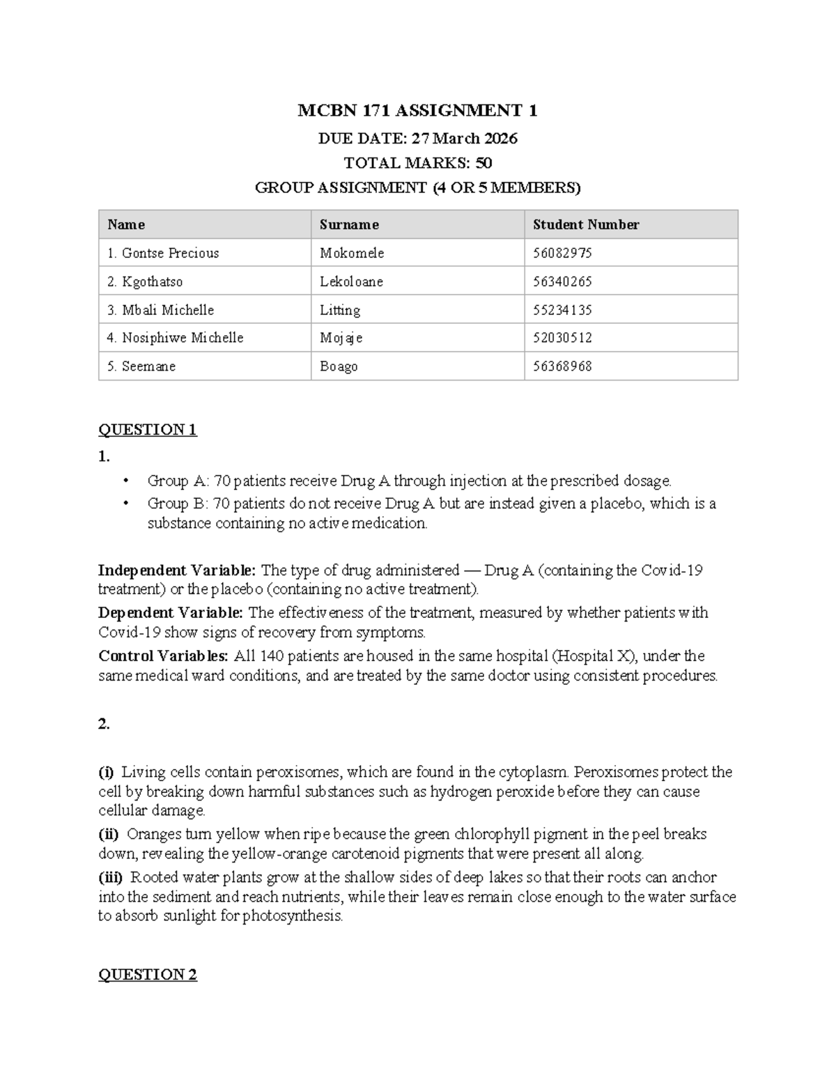 MCBN 171 Group Assignment 1: Drug A Effectiveness Study - Studocu
