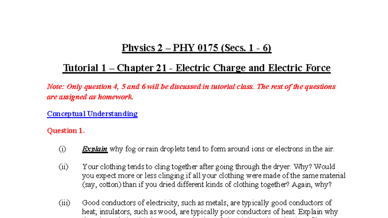 Physics 2 PHY 0175 (Secs. 1 6) Tutorial 1: Electric Charge & Force ...