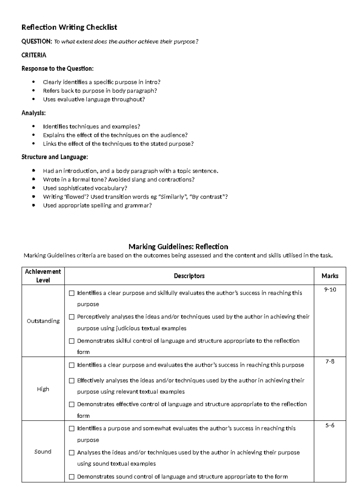 ENG101 Reflection Writing Checklist for Evaluating Purpose - Studocu