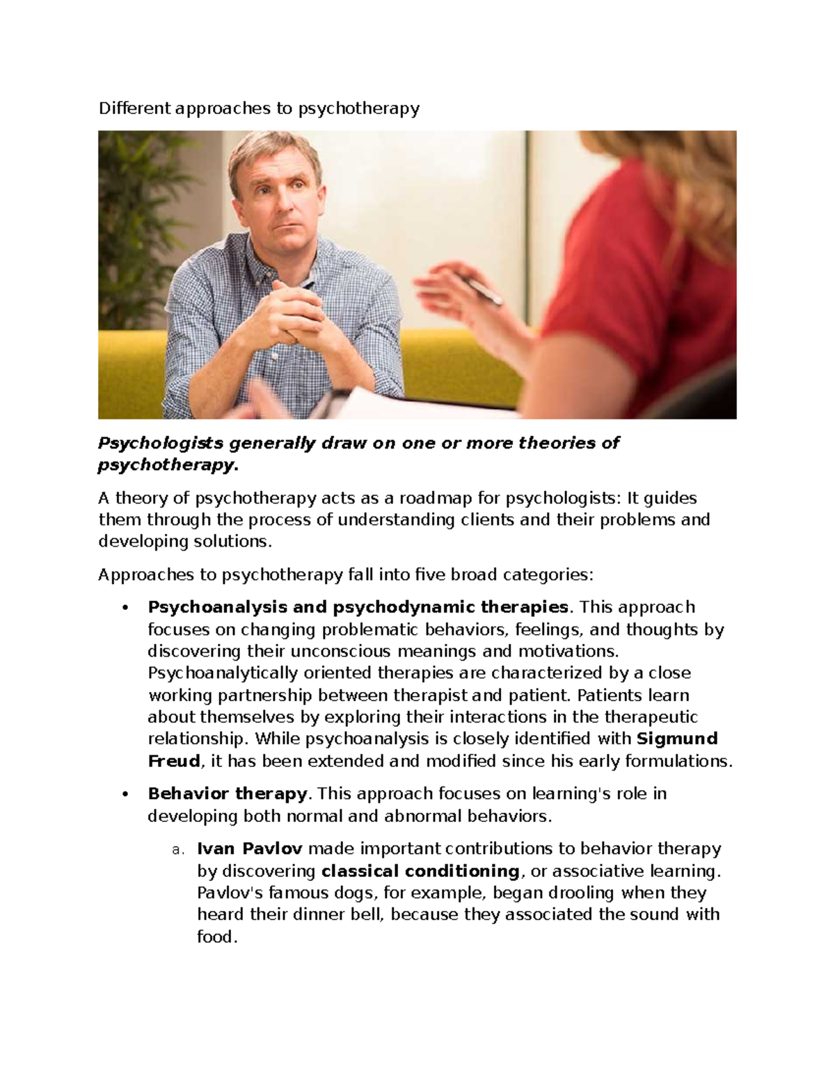 Psychology 101: Overview of Psychotherapy Approaches - Studocu