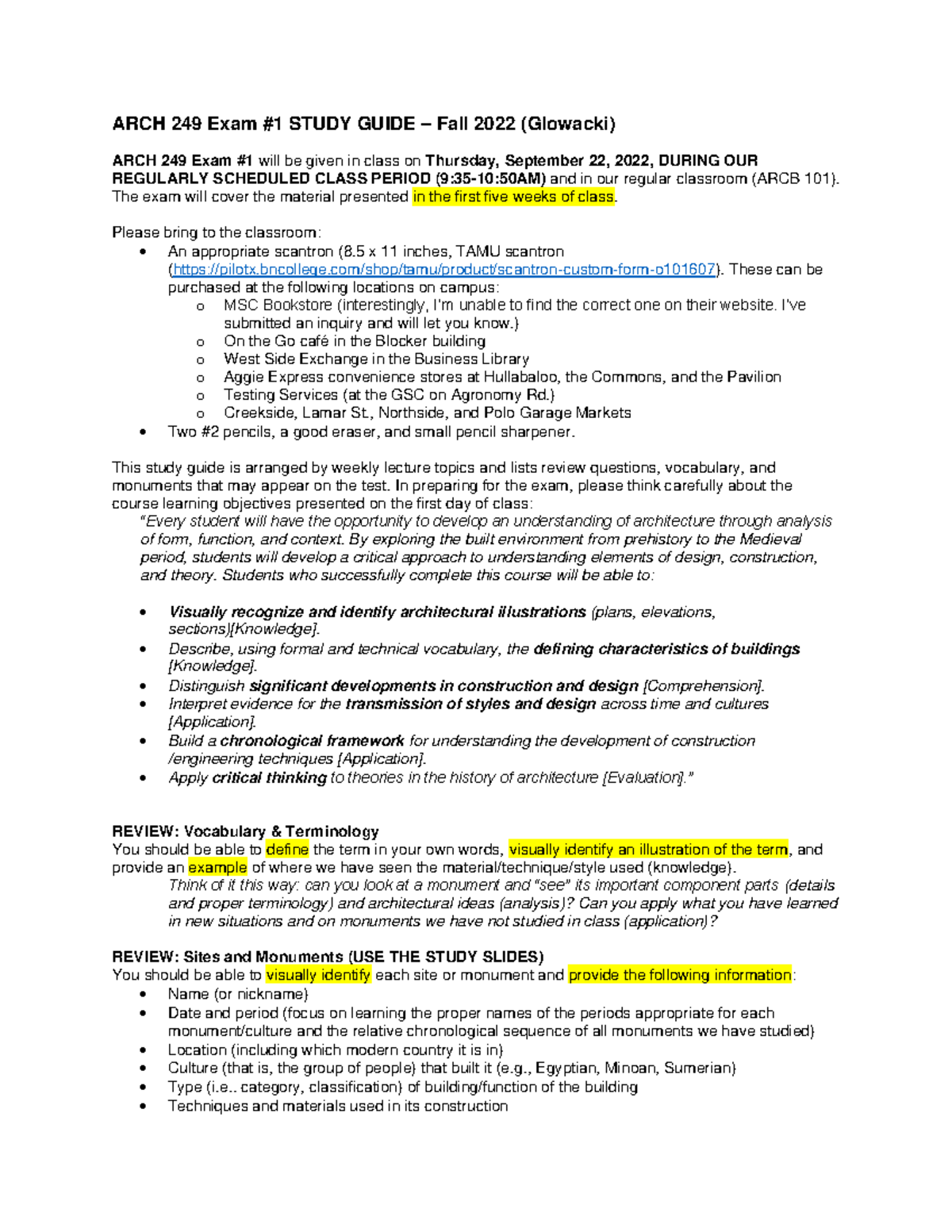 Arch249f22 exam01 study guide - ARCH 249 Exam #1 STUDY GUIDE – Fall ...