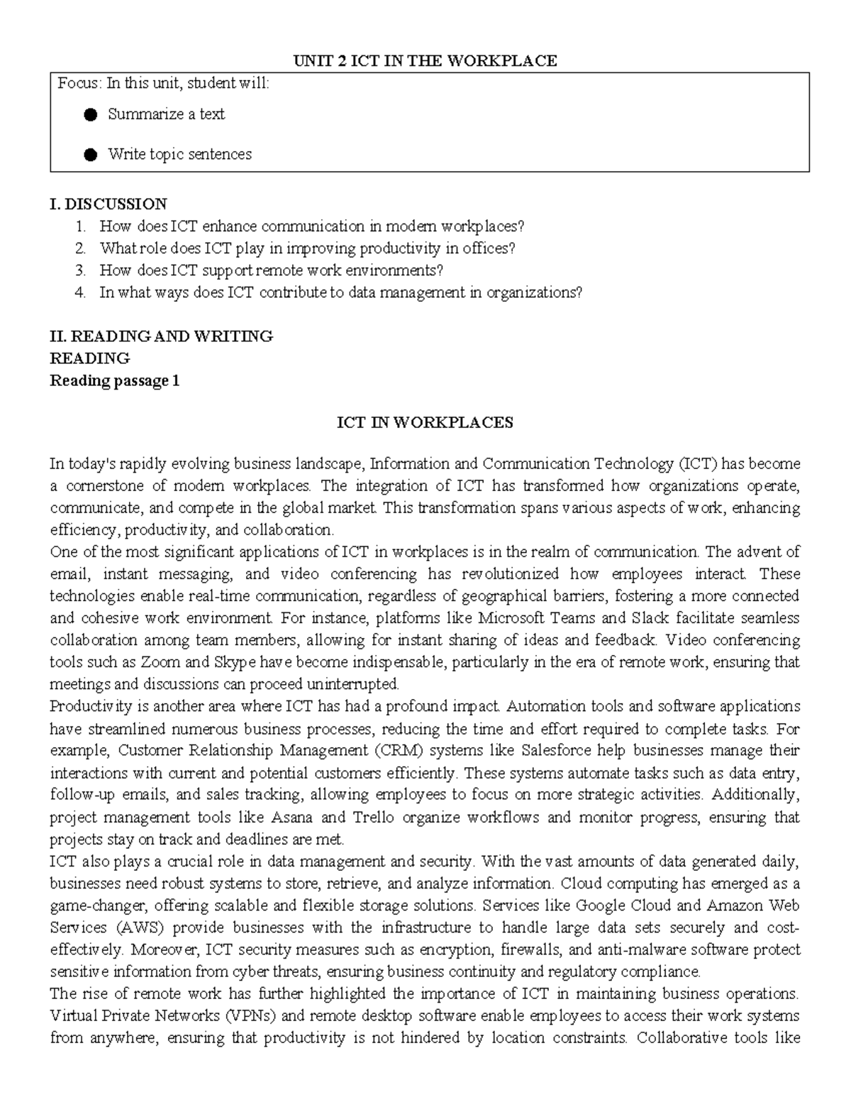 Unit 2 - ICT in the worakplace - UNIT 2 ICT IN THE WORKPLACE Focus: In this unit, student will ...