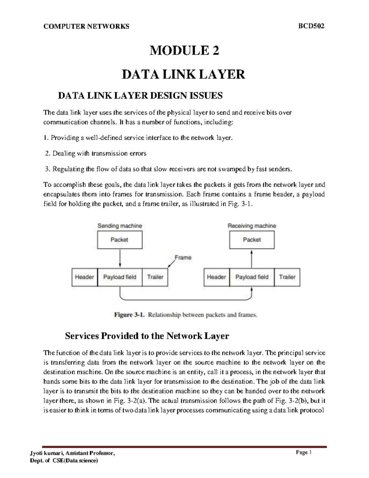 BCD502 COMPUTER NETWORKS MODULE 2 DATA LINK LAYER DESIGN ISSUES - Studocu