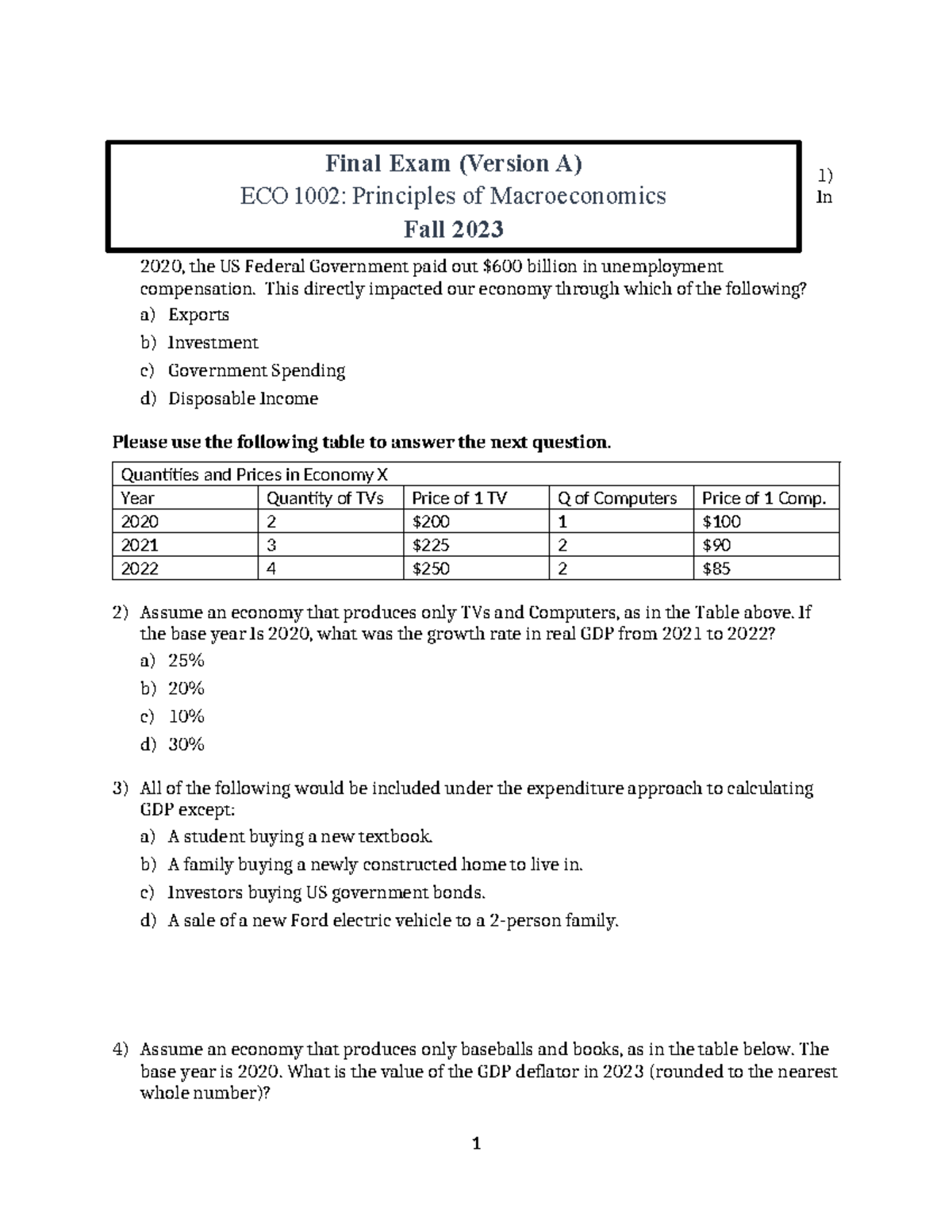 Fall 2023 Final Exam Practice - ECO 1002: Principles of Macroeconomics ...