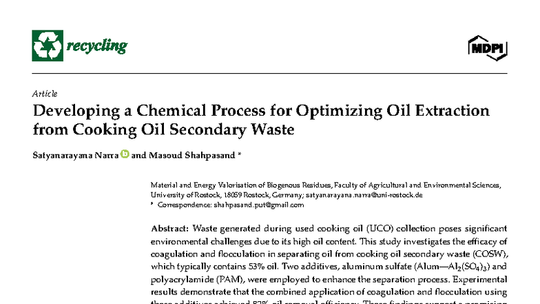 Recycling 2025: Optimizing Oil Extraction from Cooking Oil Secondary ...