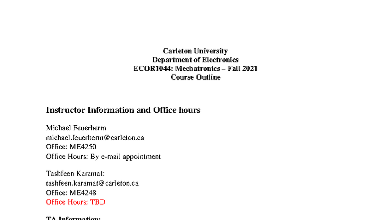 ECOR1044: Mechatronics Fall 2021 Course Outline and Details - Studocu