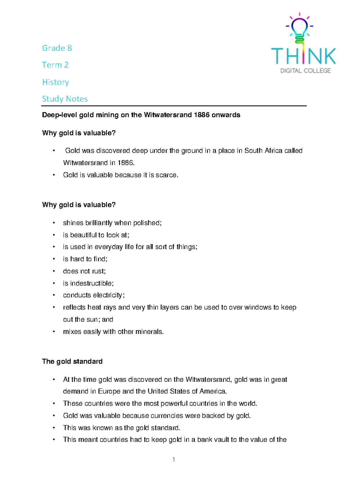 Grade 8 Term 2 History Study Notes: Gold Mining in Witwatersrand (1886 ...