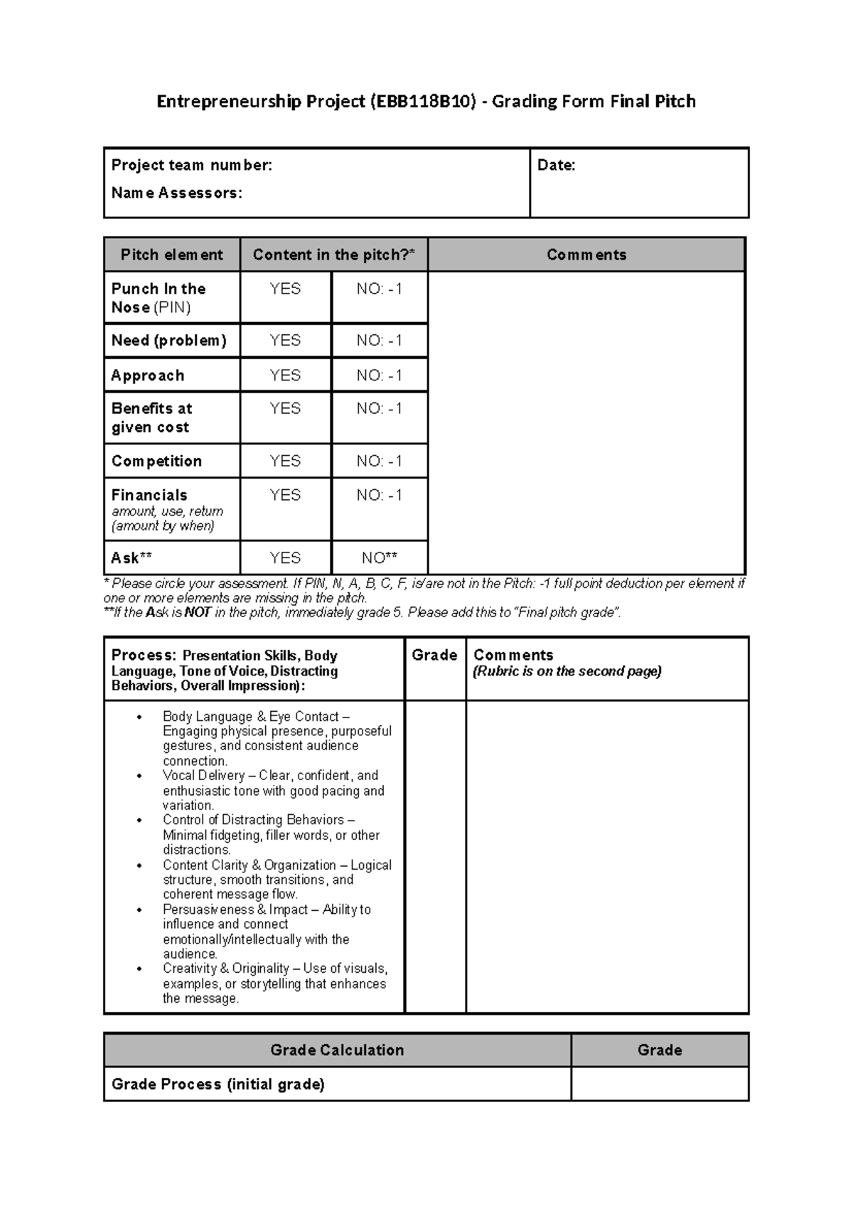 EBB118B10 Final Pitch Grading Form for Entrepreneurship Project ...