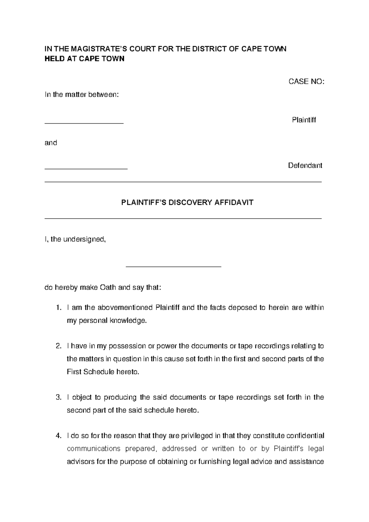 Discovery Affidavit for Magistrate's Court Case No: [Insert Case No ...