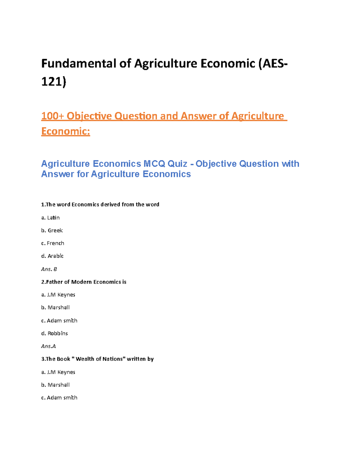 100+ MCQs with Answers for Agriculture Economics (AES-121) Exam Prep ...