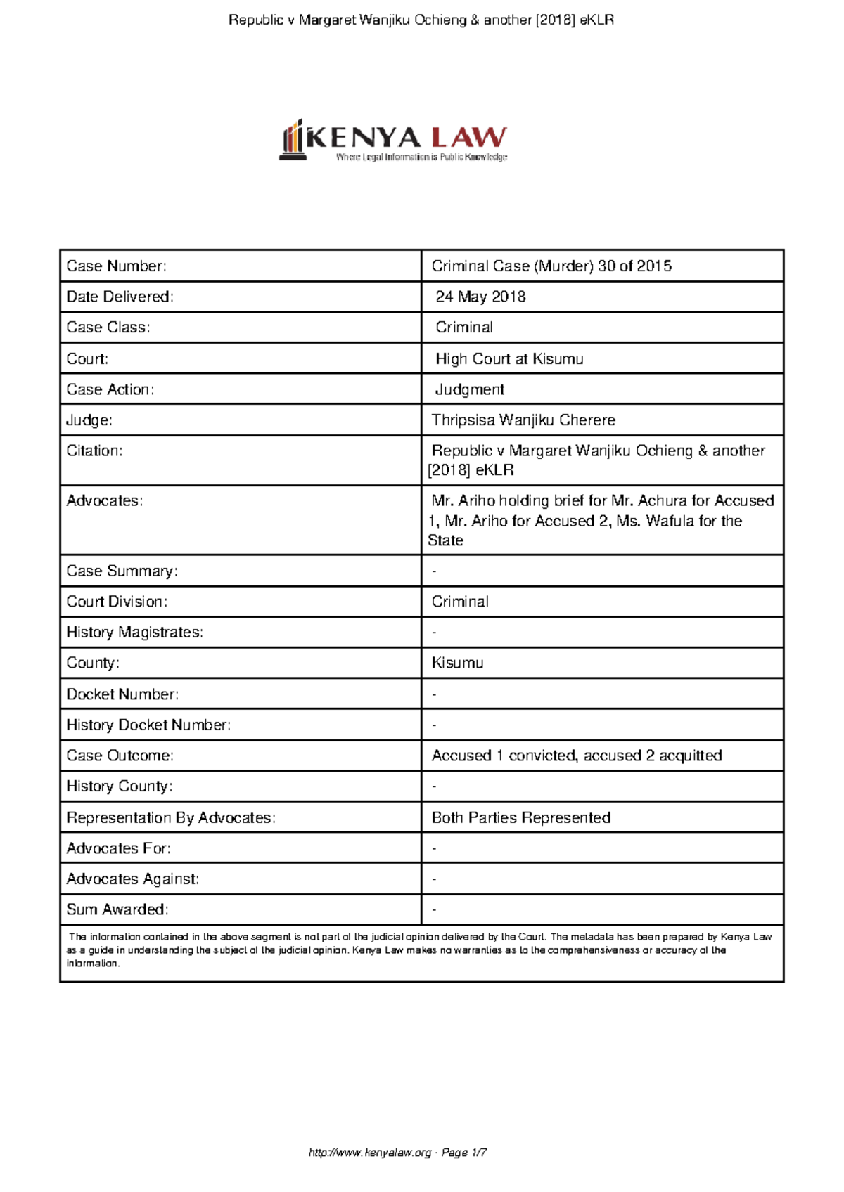 Criminal Case (Murder) No. 30 of 2015 - Judgment Analysis - Studocu