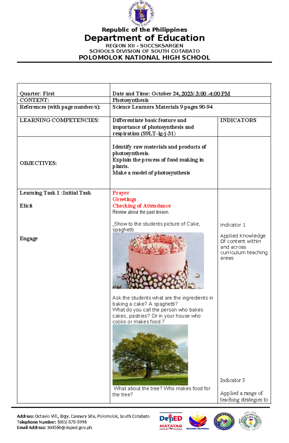 Photosynthesis Lesson Plan - S9LT-lg-j-31 Activities & Objectives - Studocu