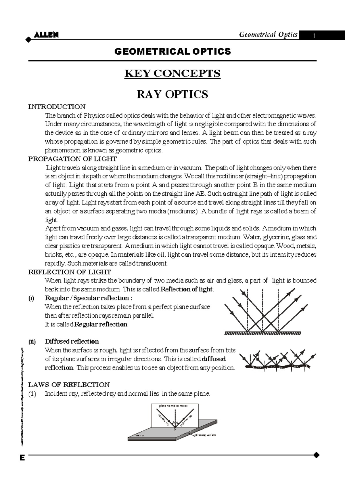 Geometrical Optics Concepts and Laws - ALLEN 1 - Studocu
