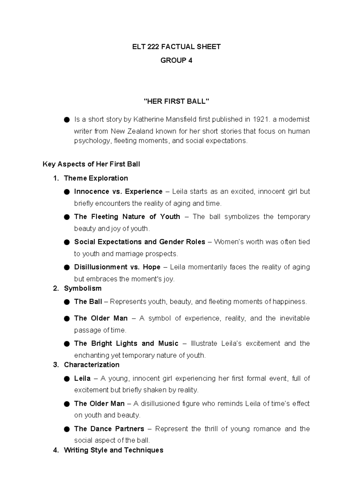 Factual Sheet Group 4 (ELT 222): Analysis of Key Literary Works - Studocu