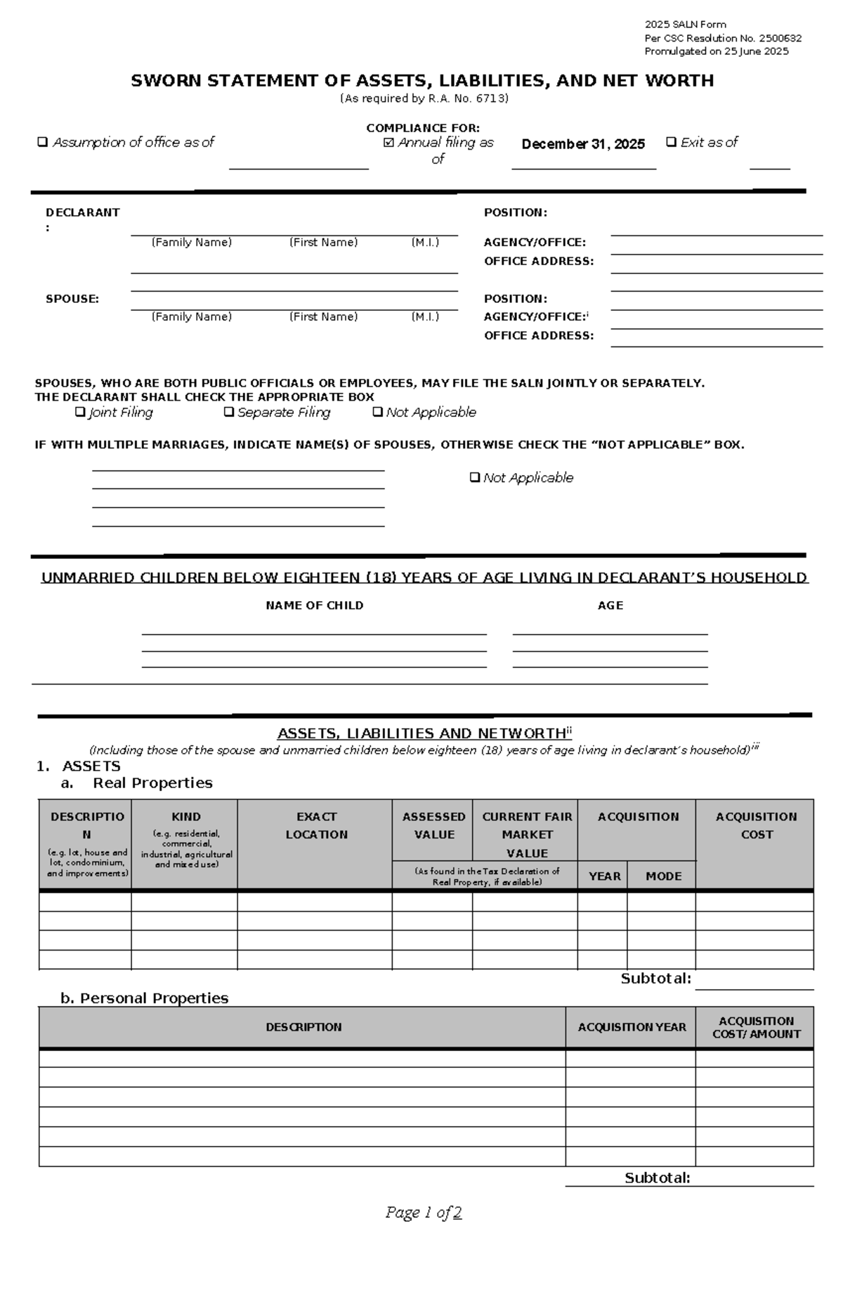 2025 SALN Form Compliance per CSC Res. No. 2500632 Final - Studocu