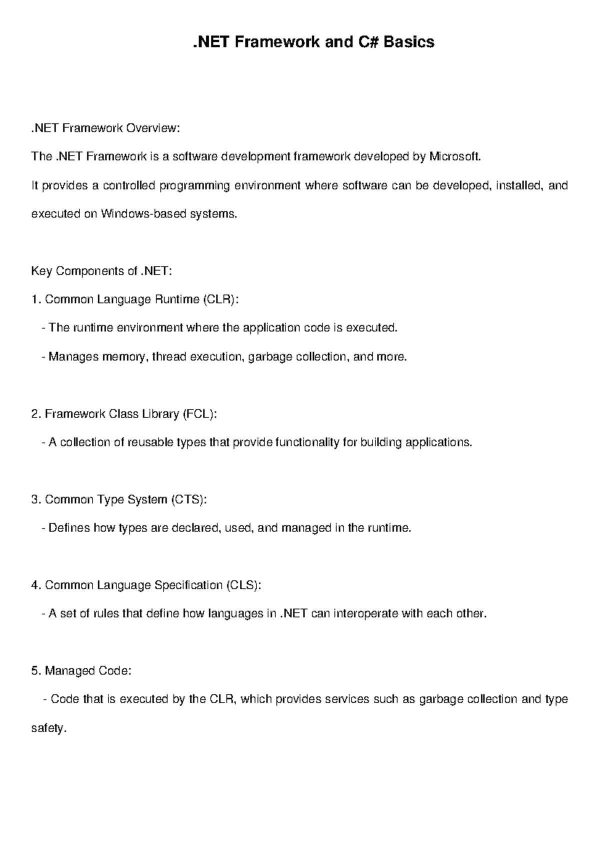 NET CSharp Basics Notes - .NET Framework and C# Basics .NET Framework ...