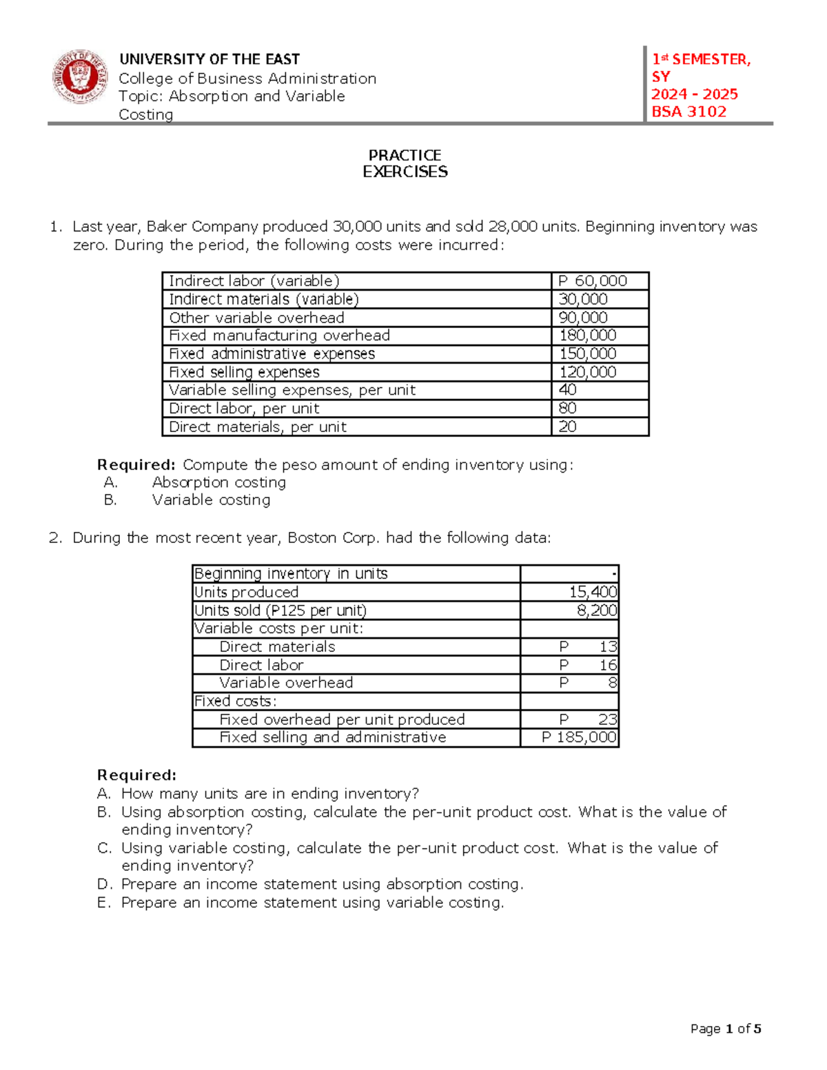 BSA 3102 Absorption & Variable Costing Practice Exercises for SY 2024-25 - Studocu