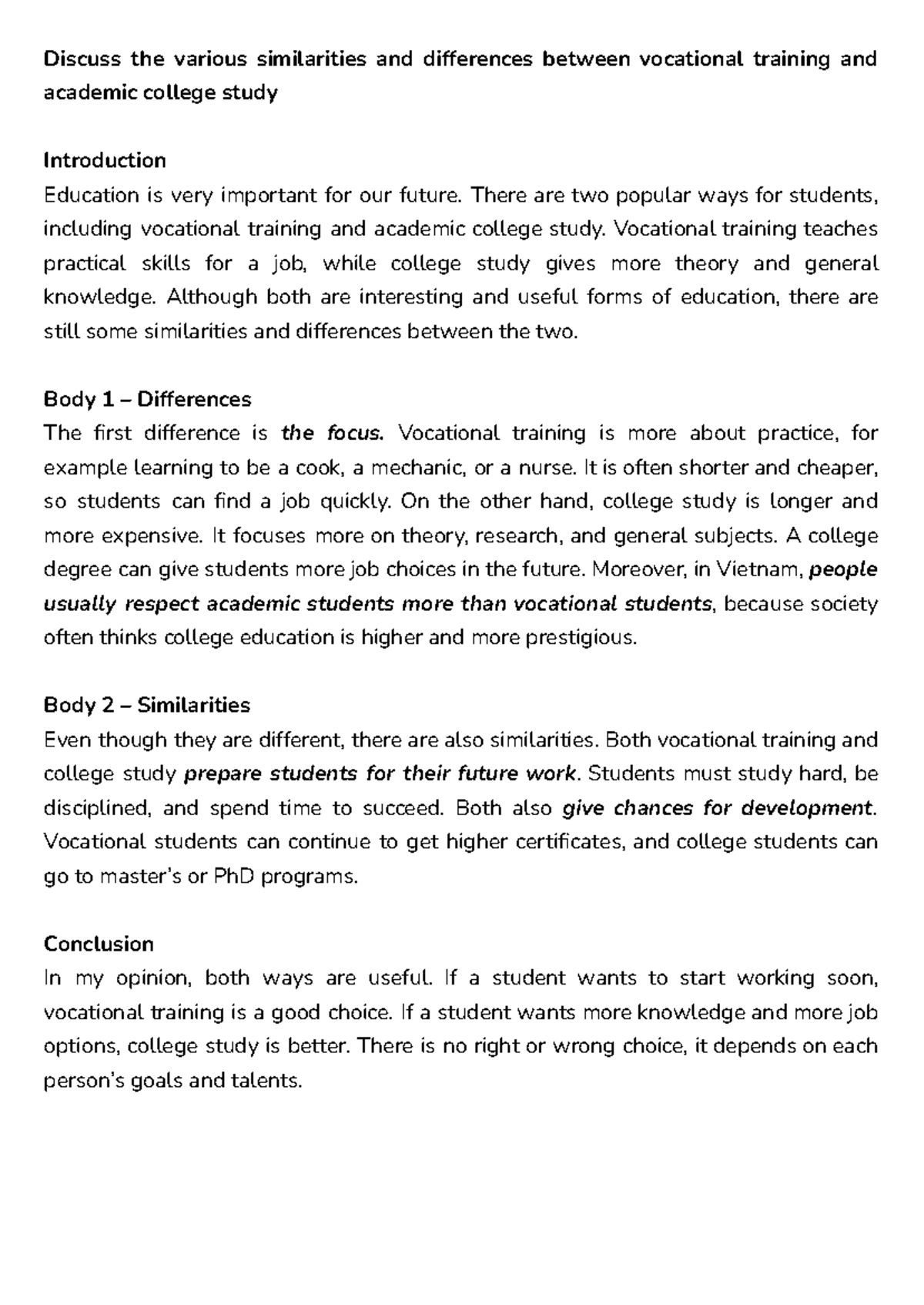 Unit 2 - Vocational Training vs. Academic College Study: A Comparative ...