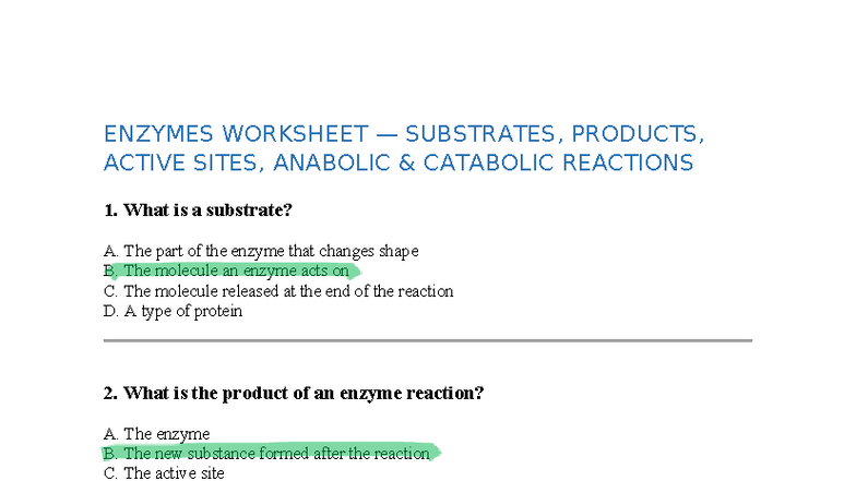 ENZ 101: Enzymes Worksheet on Substrates, Products & Reactions - Studocu