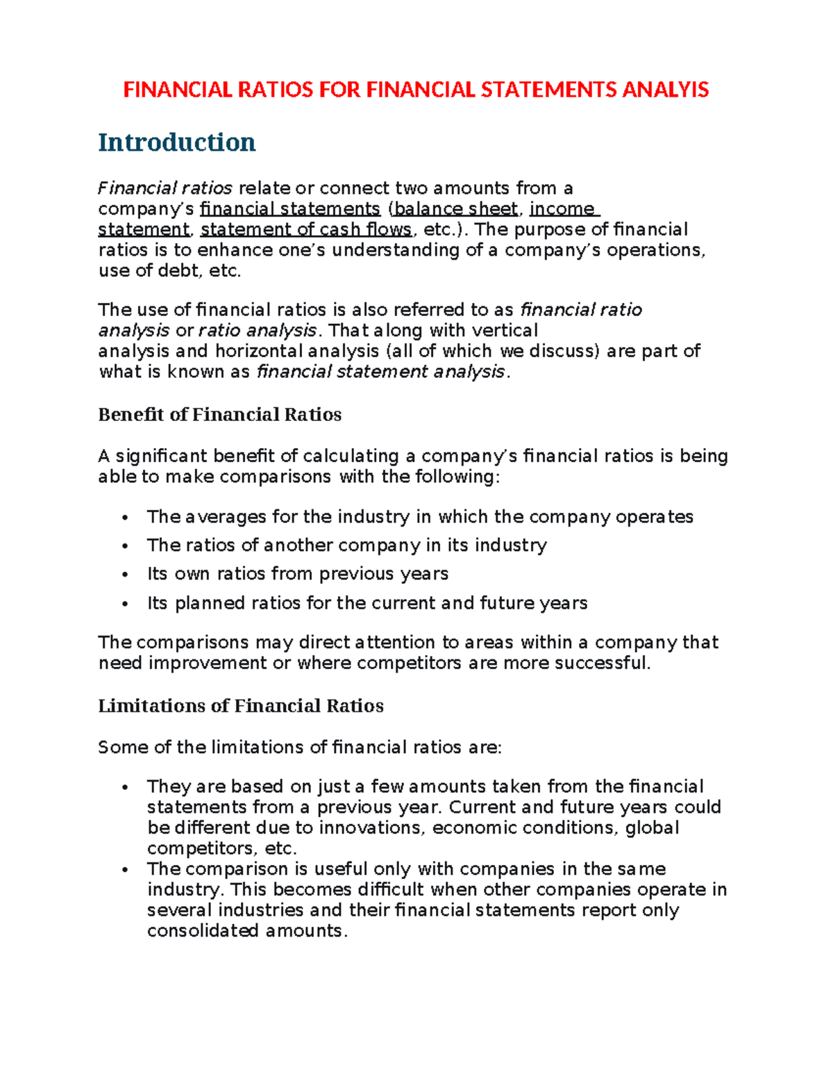 Financial Ratios Analysis for Financial Statements (FIN 101) - Studocu