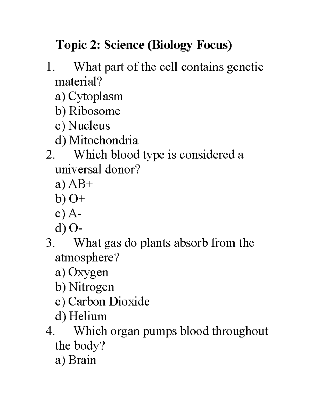 Topic 2: Science (Biology focus) quiz questions and answers - Studocu