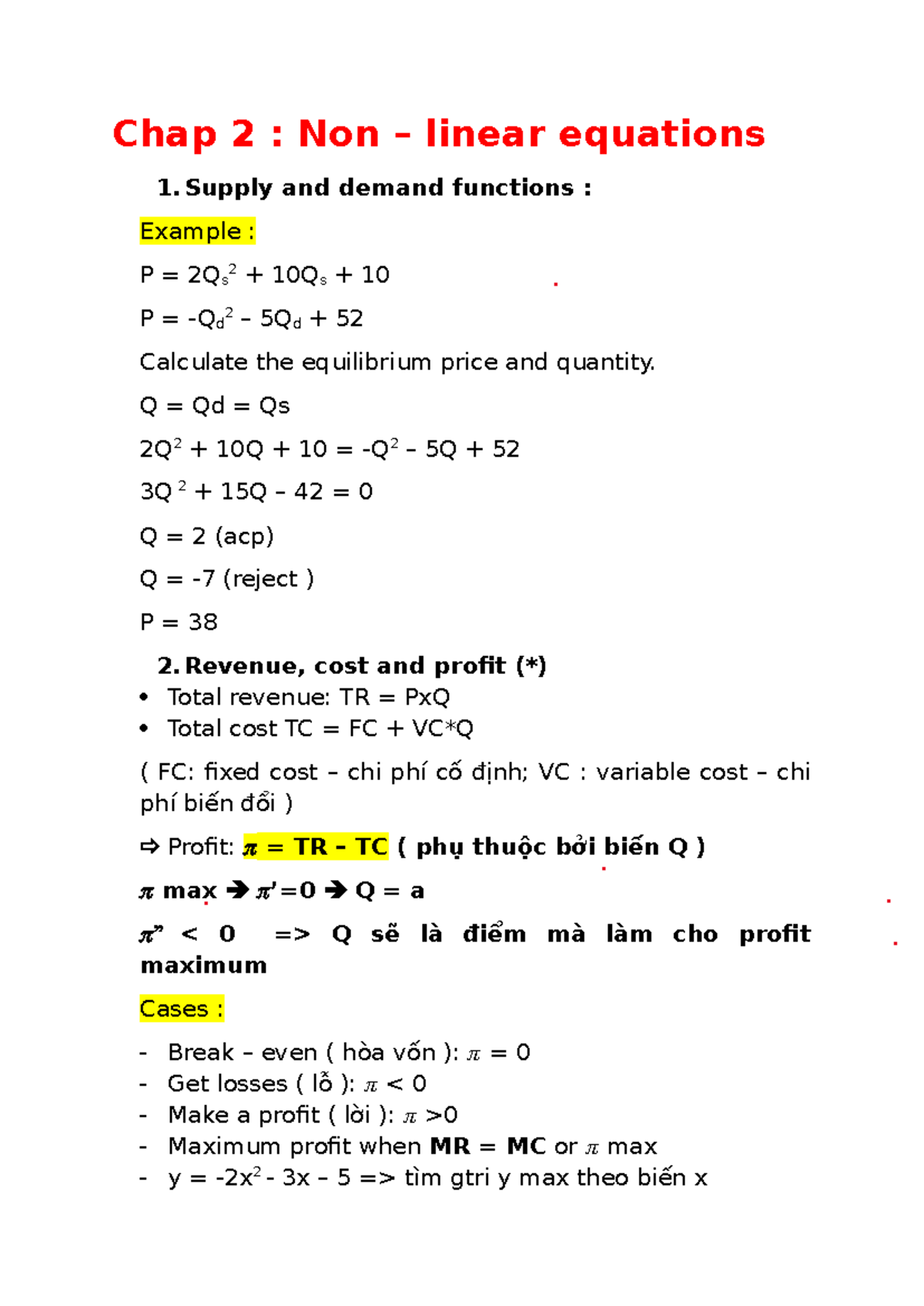 Chap 2 Practice Materials: Non-linear Equations & Profit Analysis - Studocu