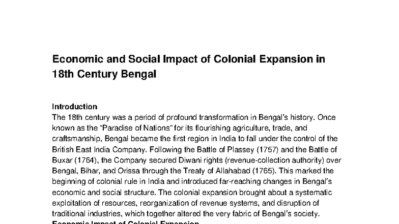 Economic and Social Impact of Colonial Expansion in 18th Century Bengal ...