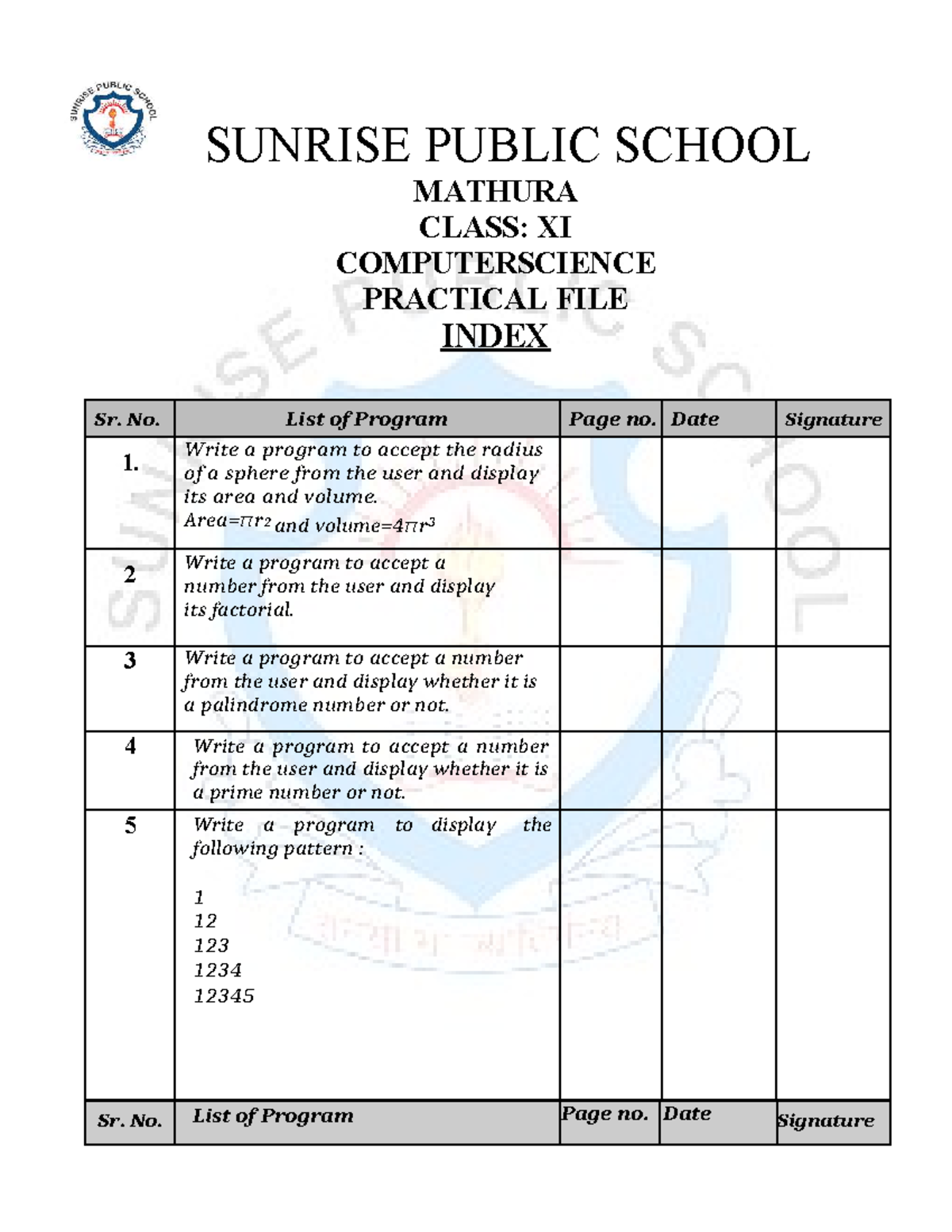 Class XI CS Practical File Index 2022-23: Program List and Descriptions ...
