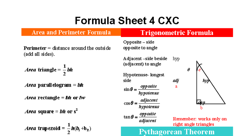 Mathematics Formula Sheet CXC: Area, Perimeter & Geometry Essentials - Studocu
