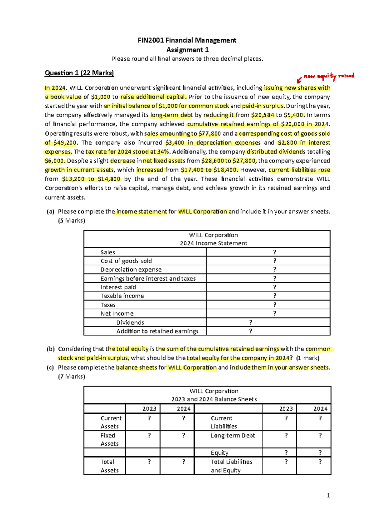 FIN2001 Financial Management Assignment 1 Analysis and Solutions - Studocu