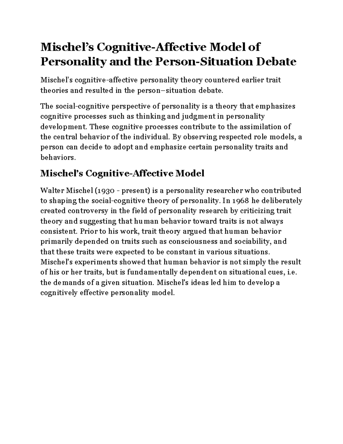 Module 18 Cognitive-Affective Personality Theory and Social Learning ...