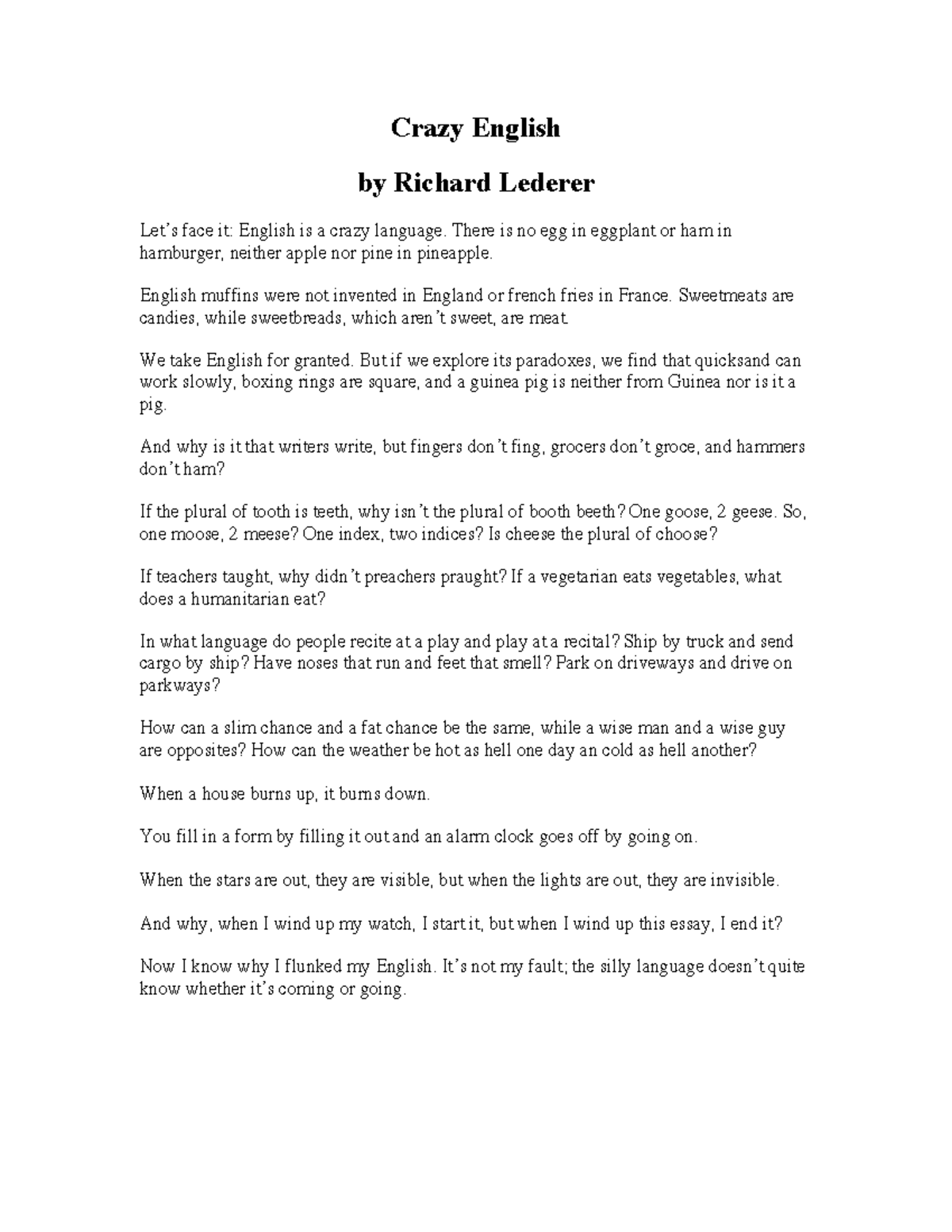 Crazy English - Summary of Language Paradoxes and Teaching Principles ...