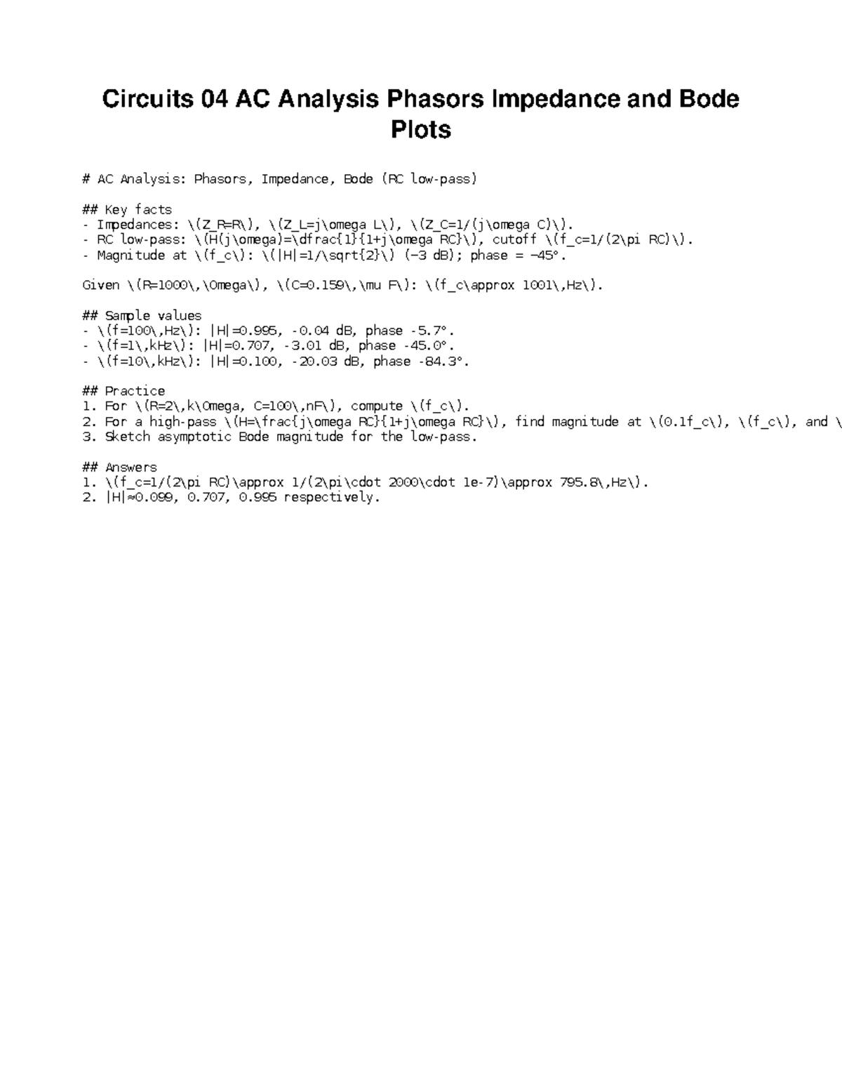 Circuits 04 AC Analysis Phasors Impedance and Bode Plots - RC low-pass: - Studocu