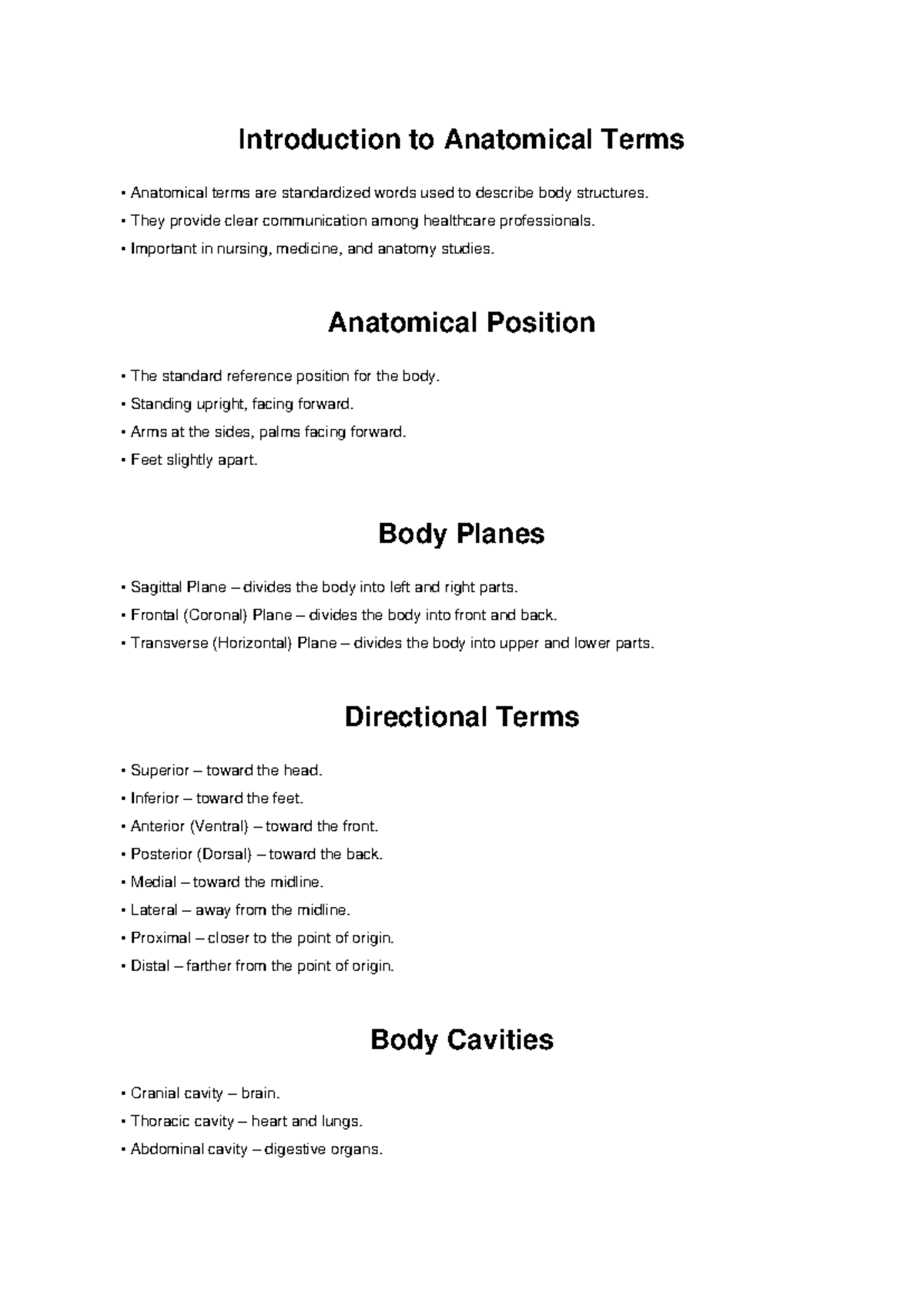 Anatomical Terms Overview: Key Concepts and Definitions - Studocu