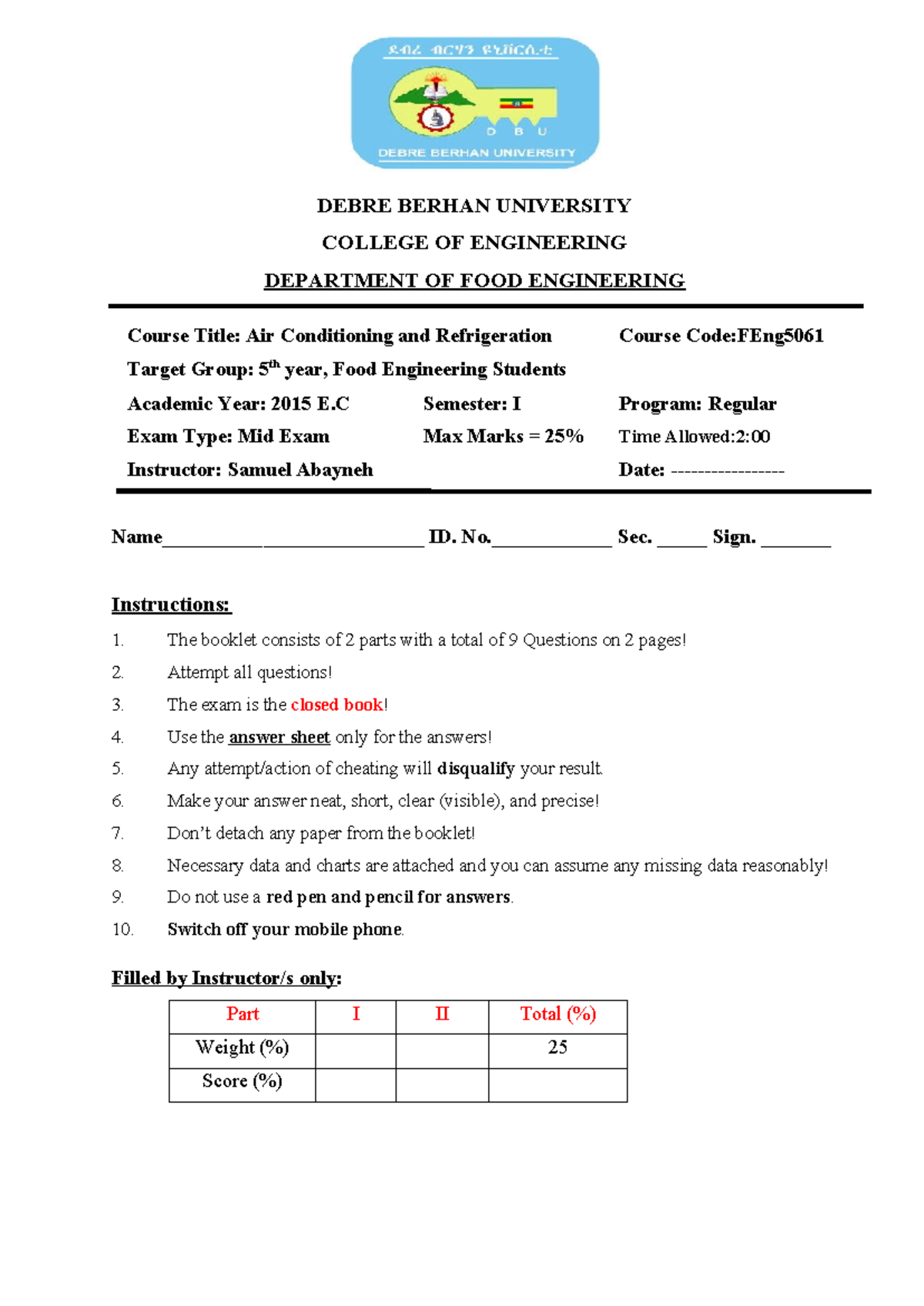 FEng5061 Mid Exam: Air Conditioning & Refrigeration for Food Eng. - Studocu