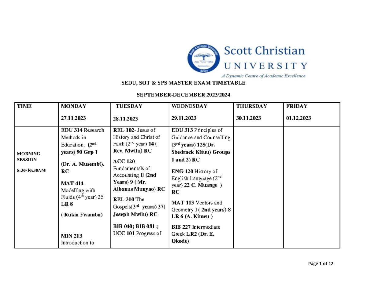 SEDU & SOT MASTER EXAM TIMETABLE SEPT-DEC 2023-2024 - Studocu