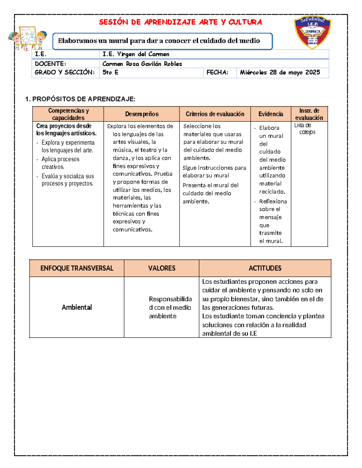 Sesión de Aprendizaje: Mural sobre Cuidado del Medio Ambiente - Arte y ...