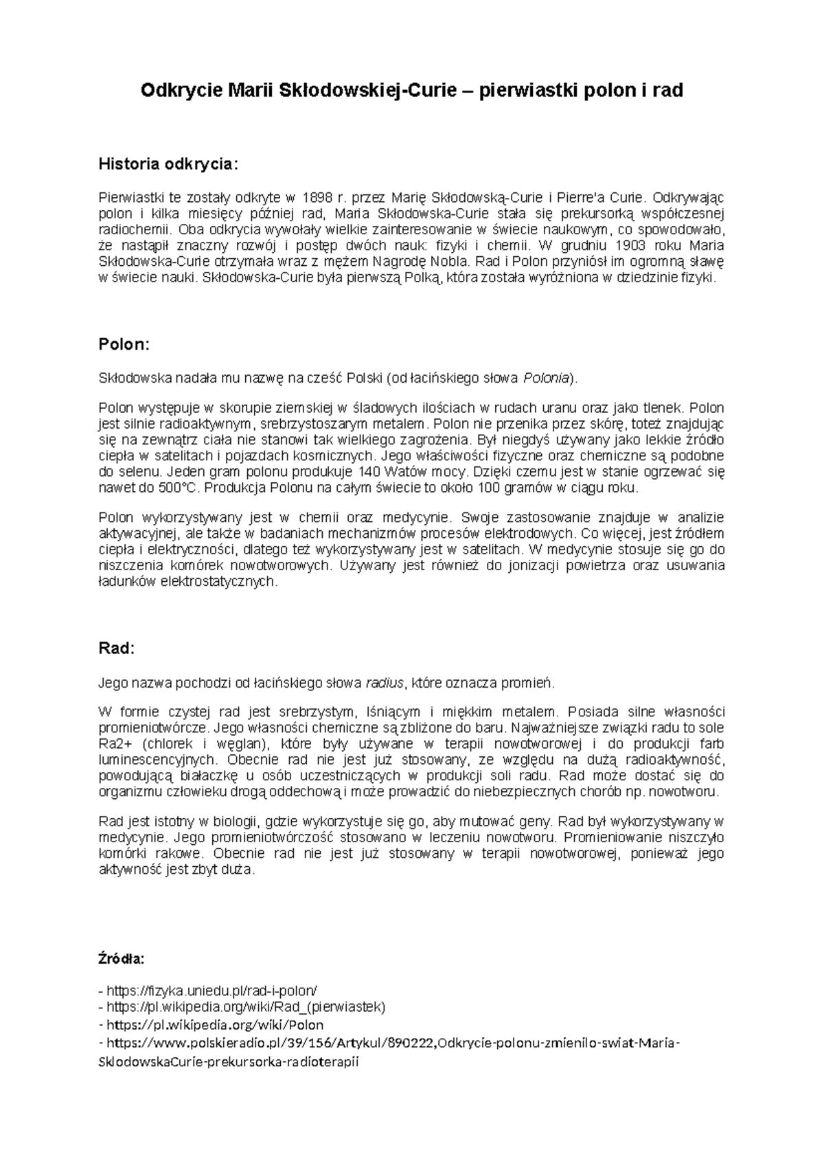 Odkrycia Marii Skłodowskiej-Curie: Polon i Rad w Historii Nauki - Studocu