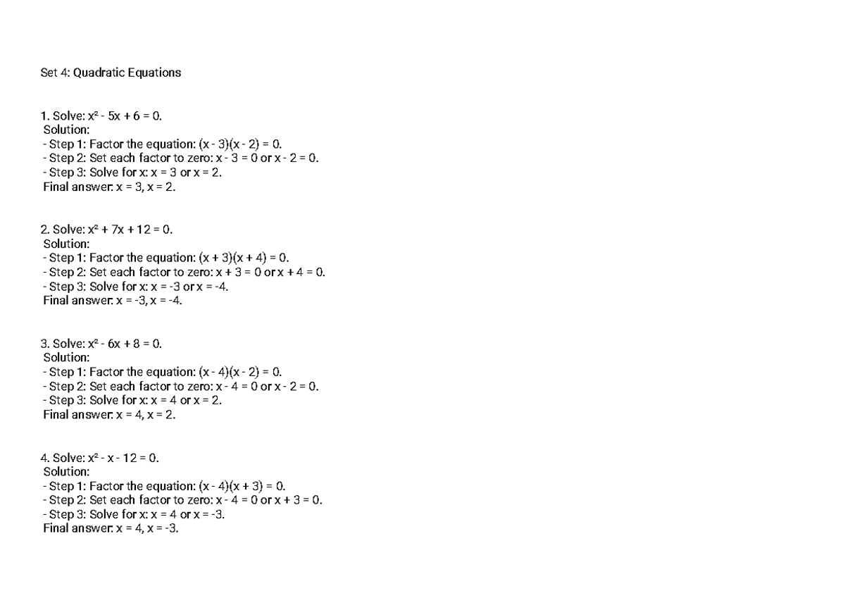 Math aiexam 2024 - Set 4: Quadratic Equations Solve: x² - 5x + 6 = 0 ...