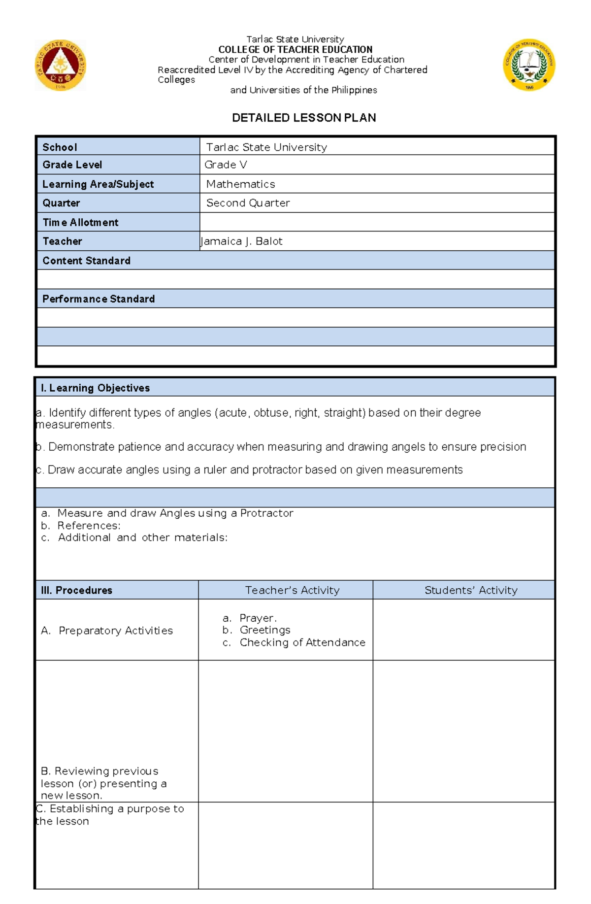 DLP Format-2 - LESSON PLAN FORMAT - Tarlac State University COLLEGE OF ...