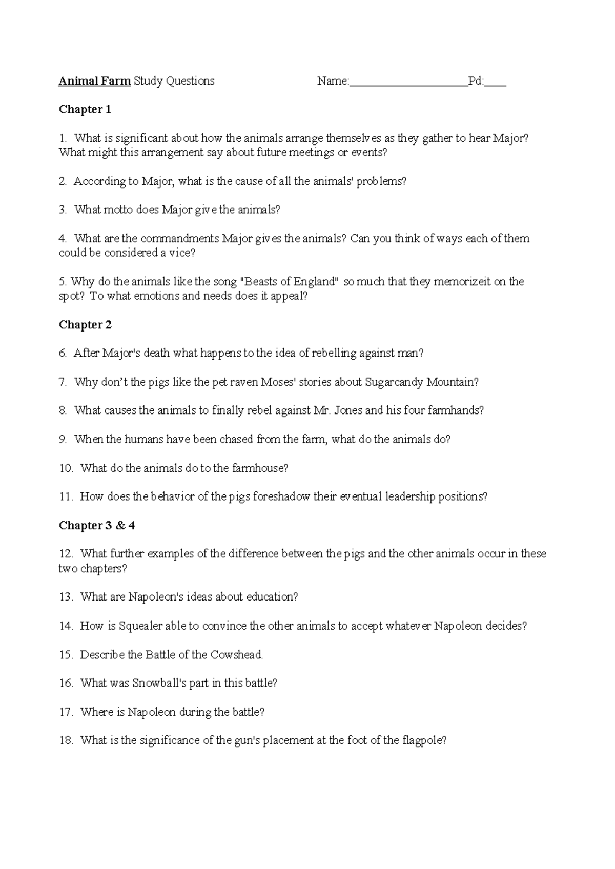 Animal Farm Study Guide Questions: Chapters 1-7 - Studocu