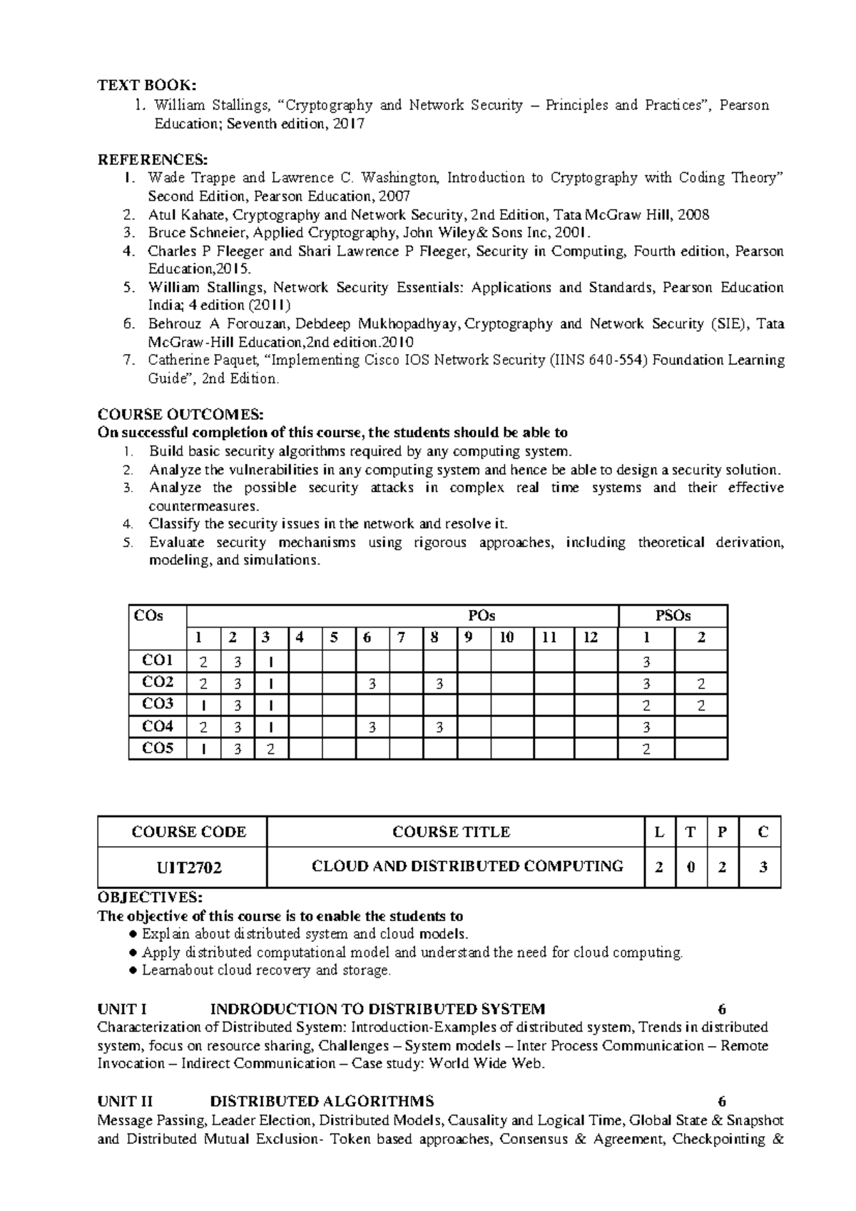 UIT2702 Cloud & Distributed Computing Syllabus and Course Outcomes ...